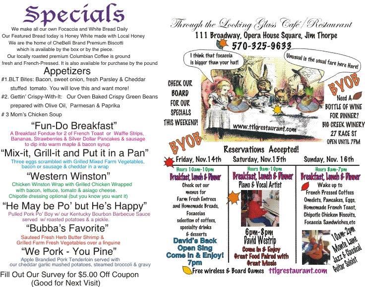 Menu at Through The Looking Glass cafe, Jim Thorpe, 111 Broadway