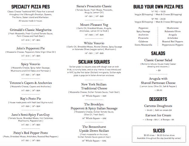 Menu at AJ's Brooklyn Pizza Joint pizzeria, Vancouver