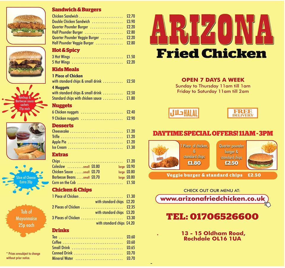 Menu at Arizona Fried Chicken restaurant, Rochdale