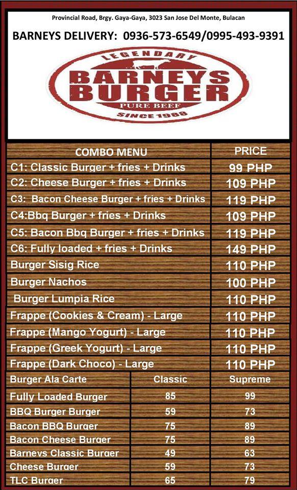 Menu at Barneys Burger, San Jose del Monte City