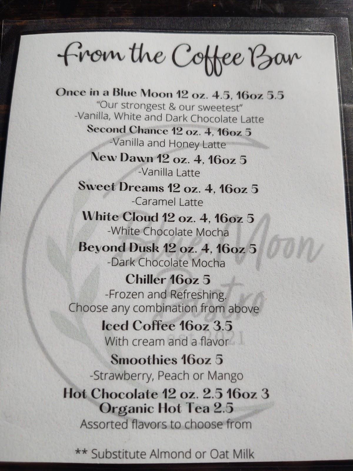 Menu at Blue Moon Bistro restaurant, Holmesville