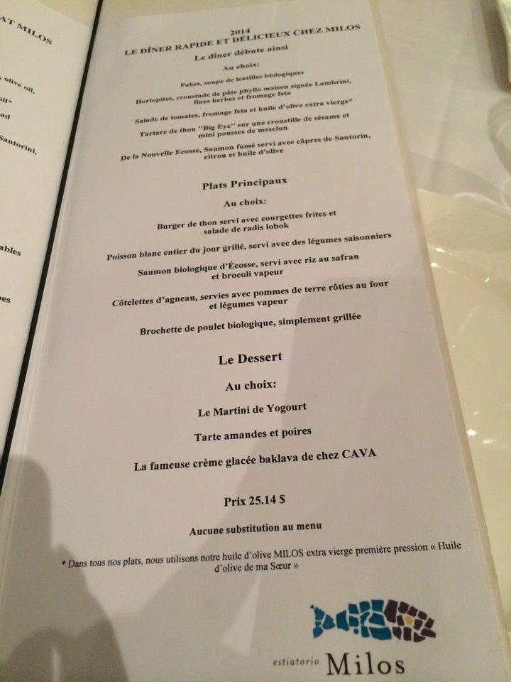 Menu at estiatorio Milos Montreal restaurant, Montréal