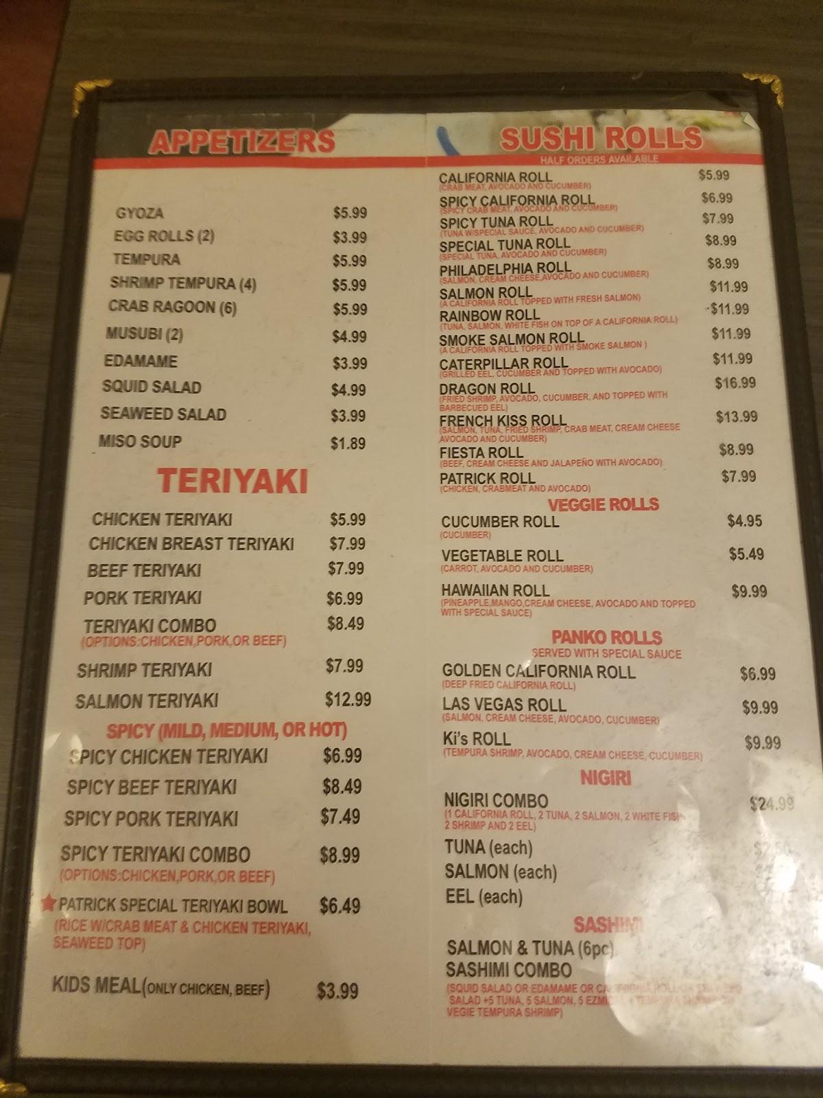 Menu at Kee's Teriyaki & Sushi restaurant, El Paso, Dyer St B