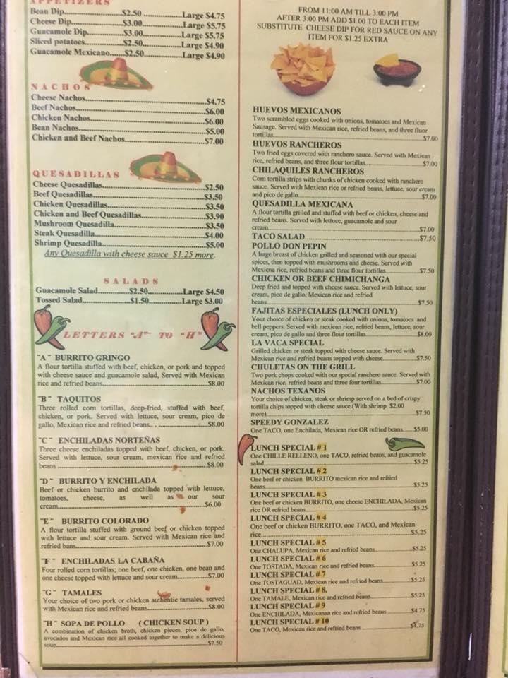 Menu at La Cabana restaurant, Snead