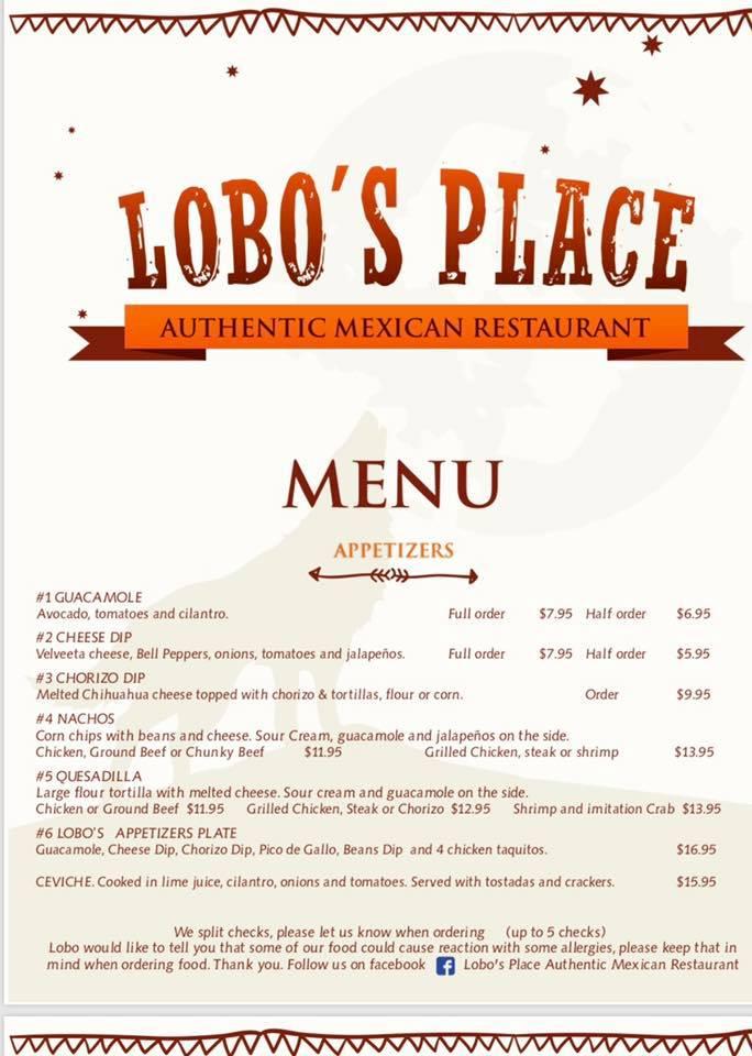 Menu at Lobo's Place restaurant, Grafton, Wisconsin Ave