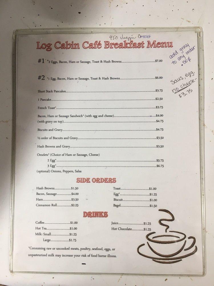 Menu at Log Cabin Cafe, Seneca