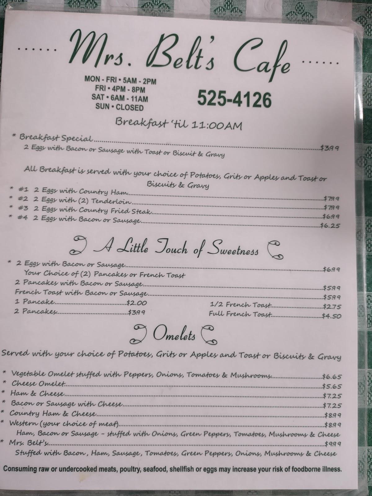 Menu at Mrs.Belt's Cafe, Greeneville