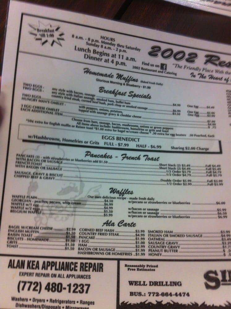 Menu at RJ's Family Restaurant, Micco, 937 Barefoot Blvd