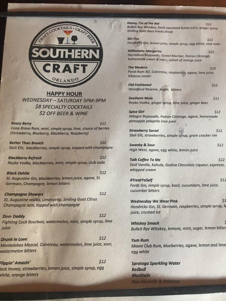 Menu at Southern Craft pub & bar, Orlando
