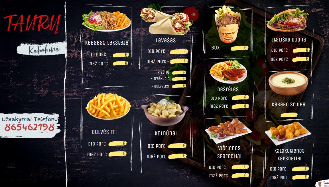 Menu at Taurų kebabine restaurant, Taurai