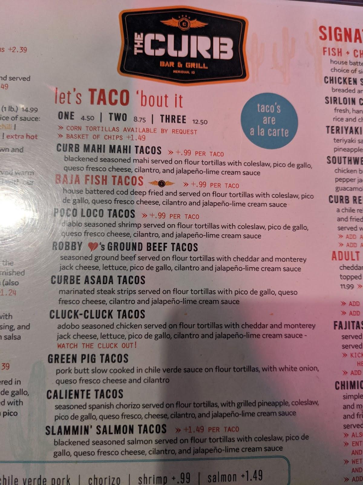 Menu at The Curb Bar and Grill, Meridian, S Meridian Rd #100