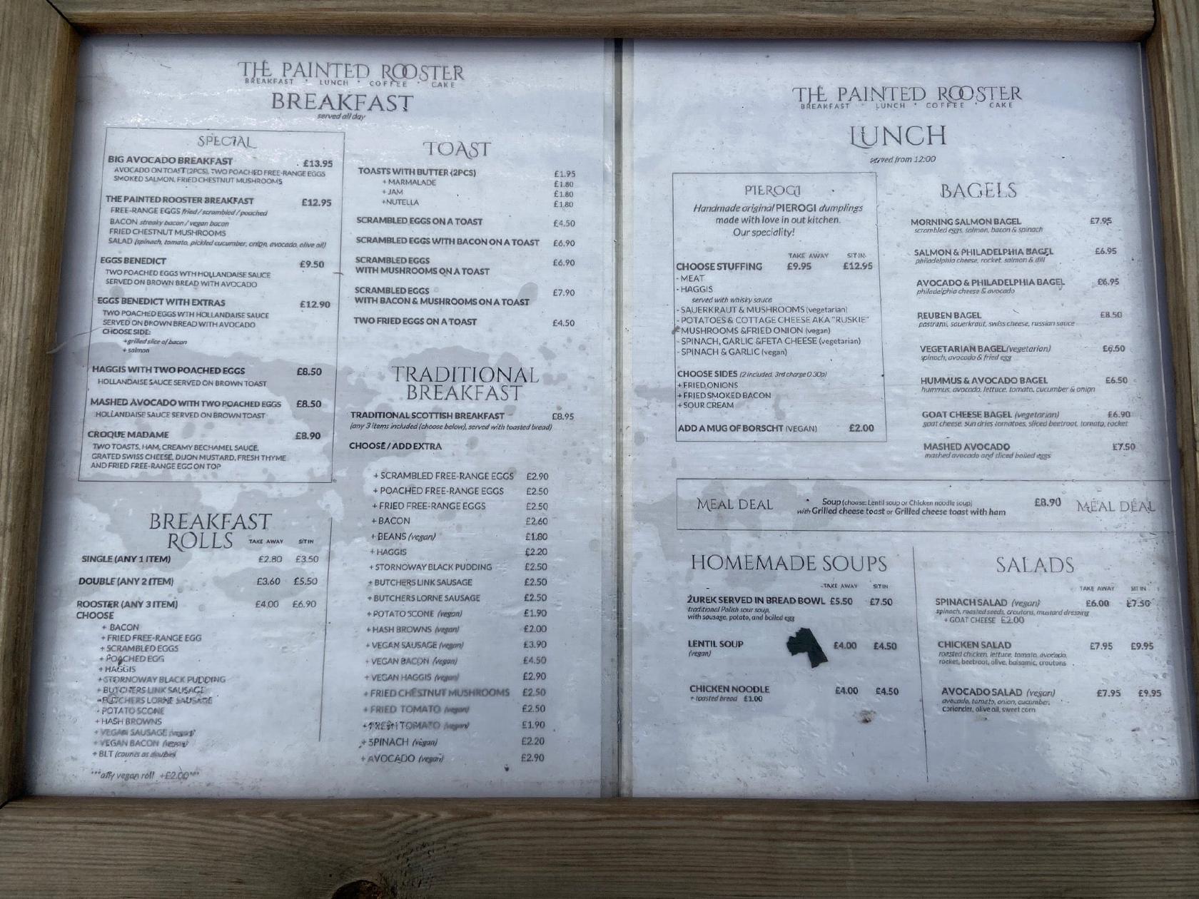 Menu at The Painted Rooster restaurant, Edinburgh