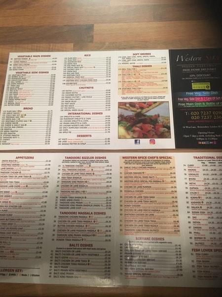 Menu at Western spice restaurant, London