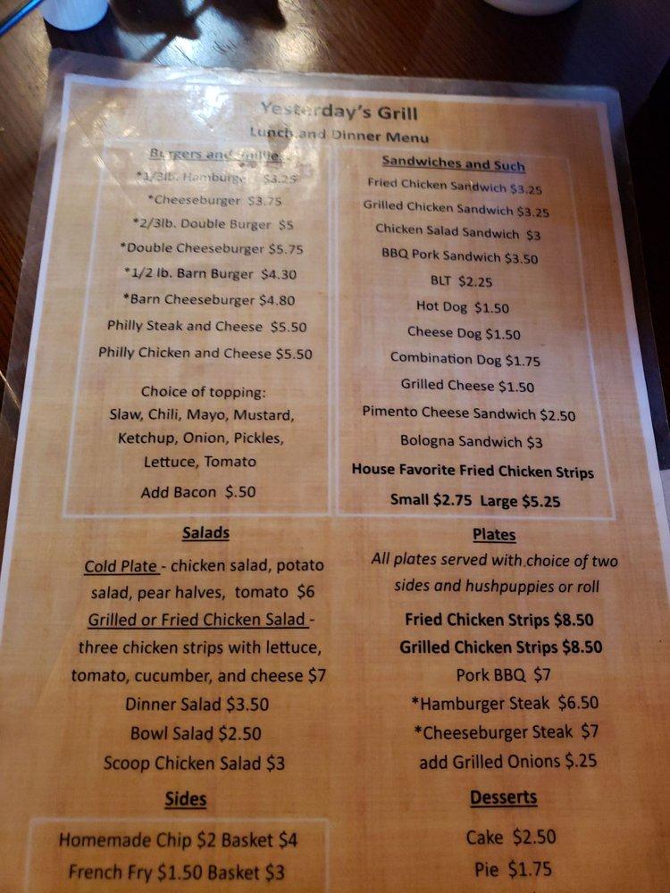 Menu at Yesterday's Grill restaurant, Snow Camp