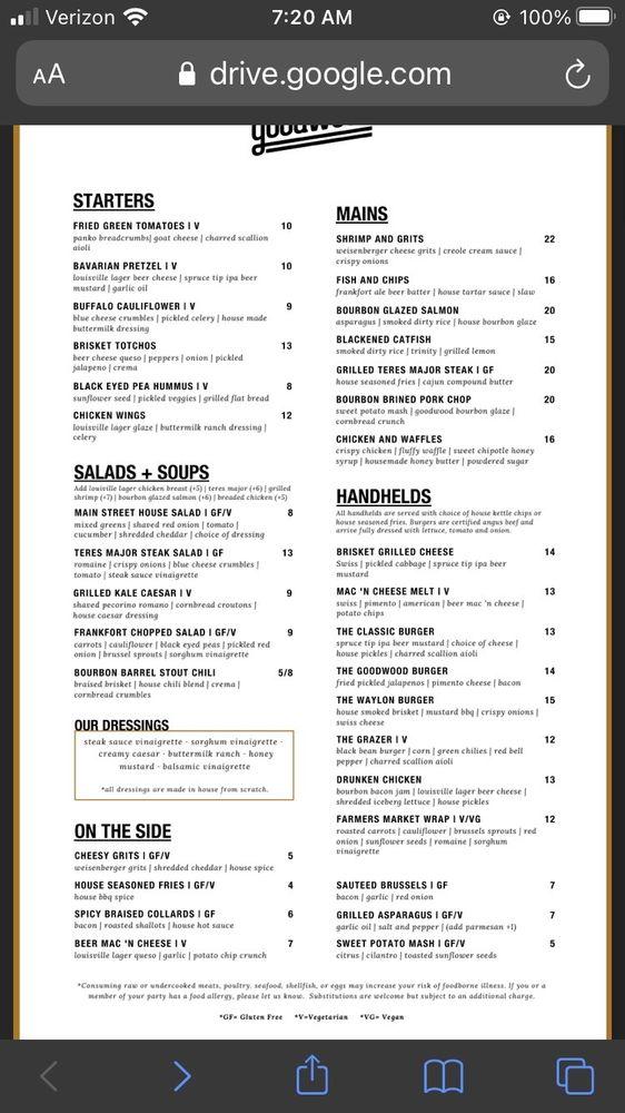 Menu at Goodwood Lexington restaurant, Lexington