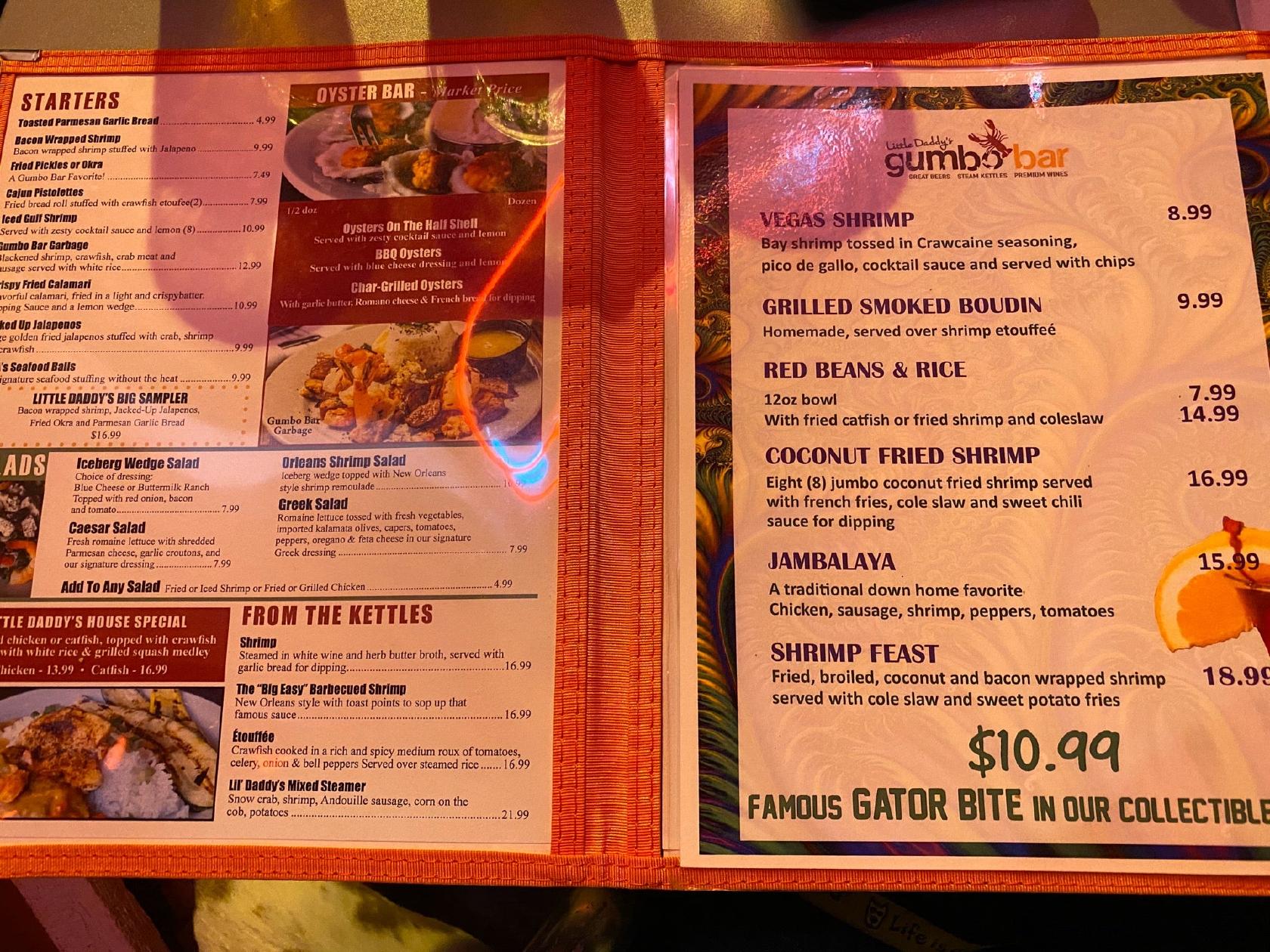 Menu at Little Daddy’s Gumbo Bar, Galveston