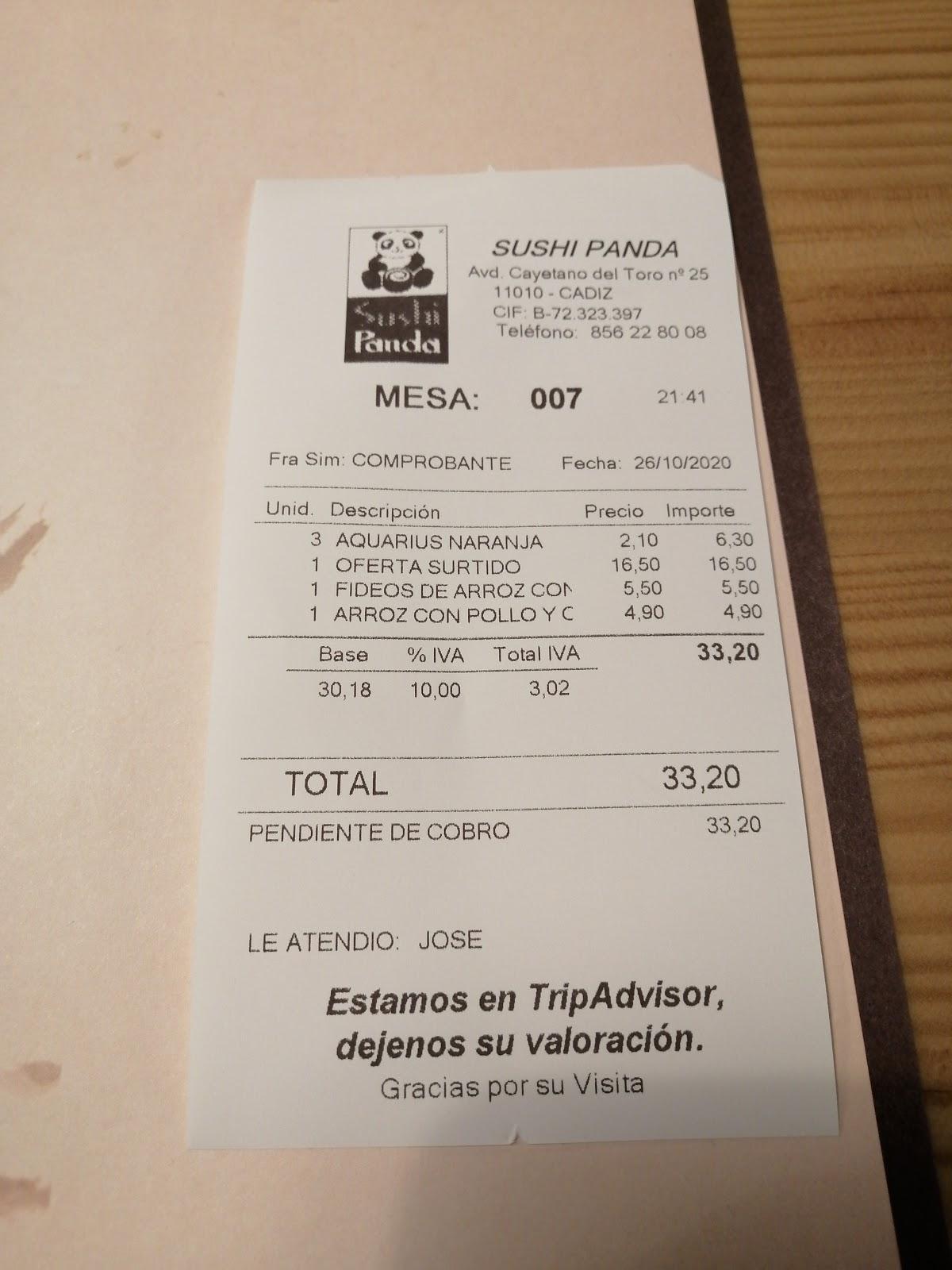 Menu at Sushi Panda Cadiz restaurant, Cádiz, Av. Cayetano del Toro