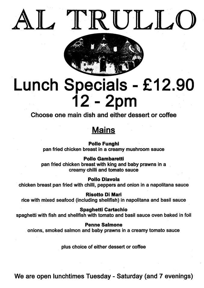 Menu at Al Trullo restaurant, Verwood