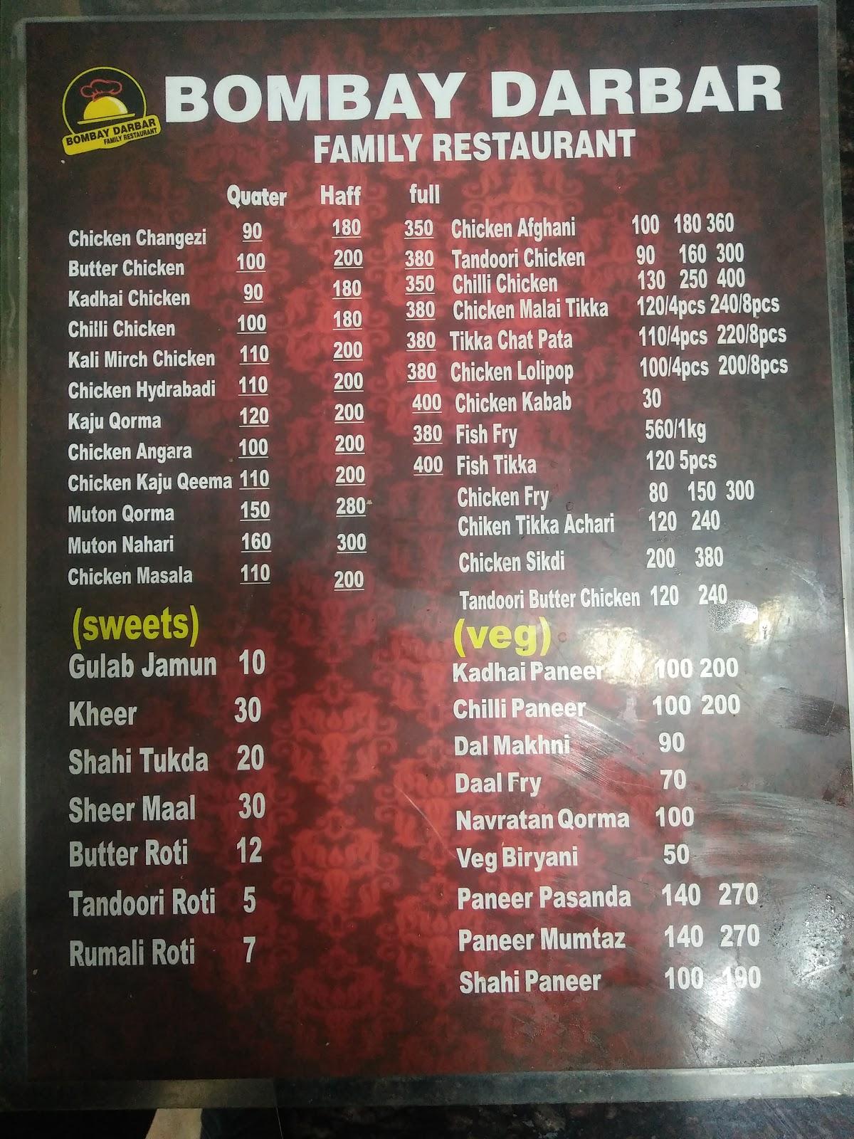 Menu at Bombay Darbar, Dehradun
