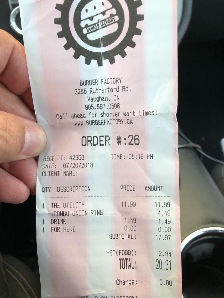 Menu at Burger Factory restaurant, Vaughan, 3255 Rutherford Rd