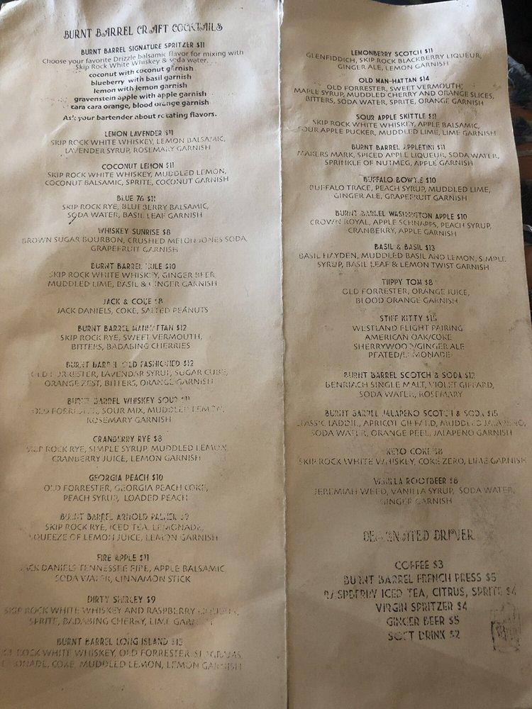 Menu at Burnt Barrel Whiskey Bar, Monroe