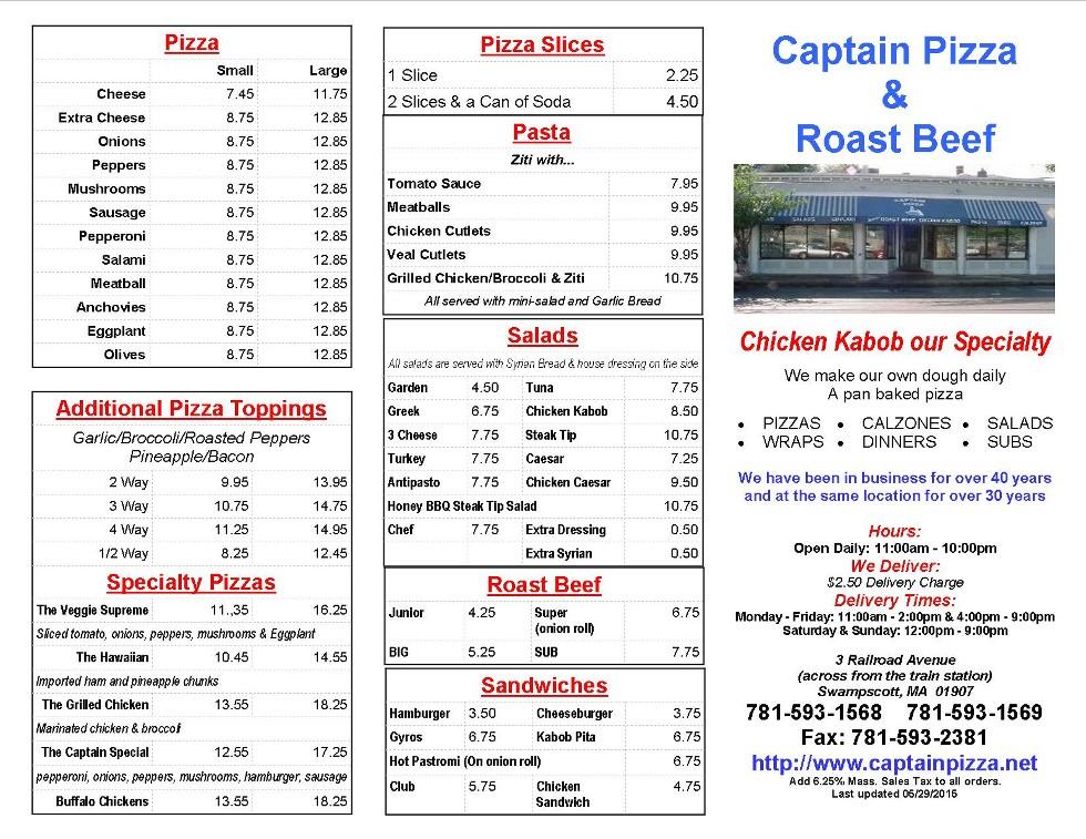 Menu at Captain Pizza & Roast Beef pizzeria, Swampscott, 3 Railroad Ave
