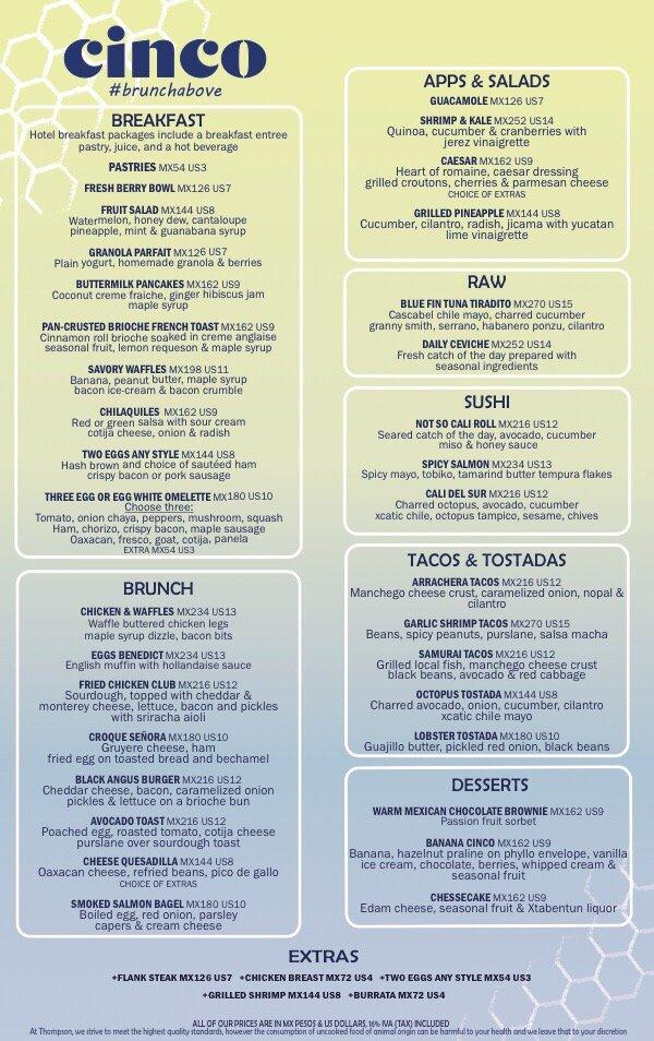 Menu at Cinco pub & bar, Playa del Carmen