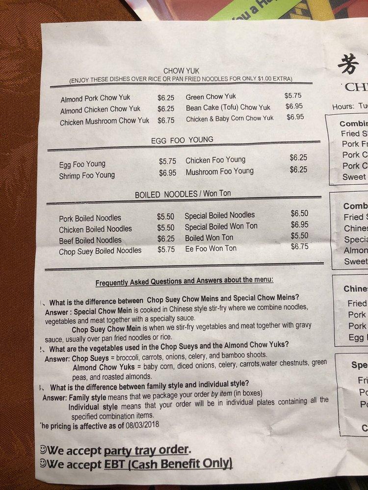 Menu at Fong's Chinese Restaurant, Fresno