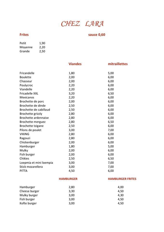 Menu at Chez Lara, Charleroi
