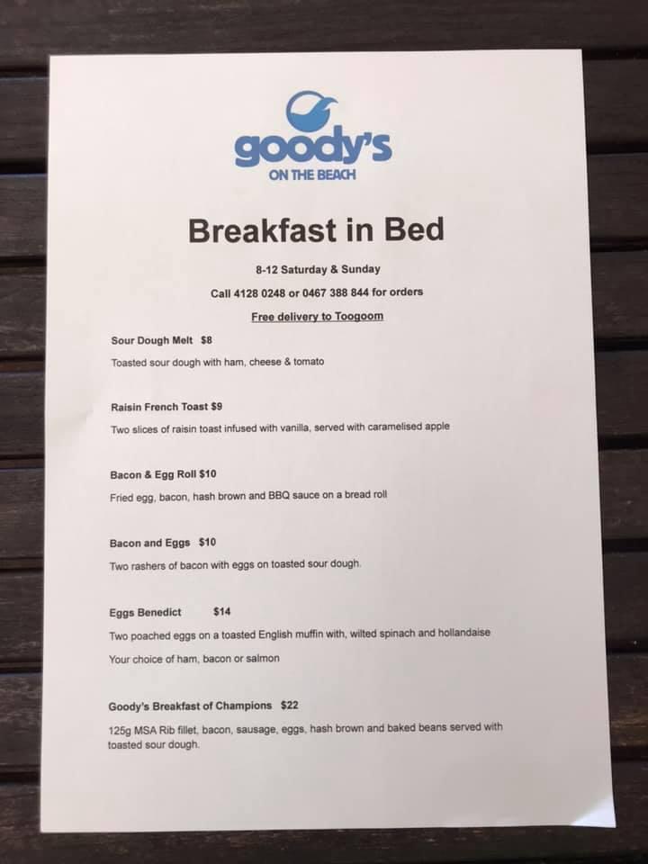 Menu at Goody's On The Beach restaurant, Toogoom