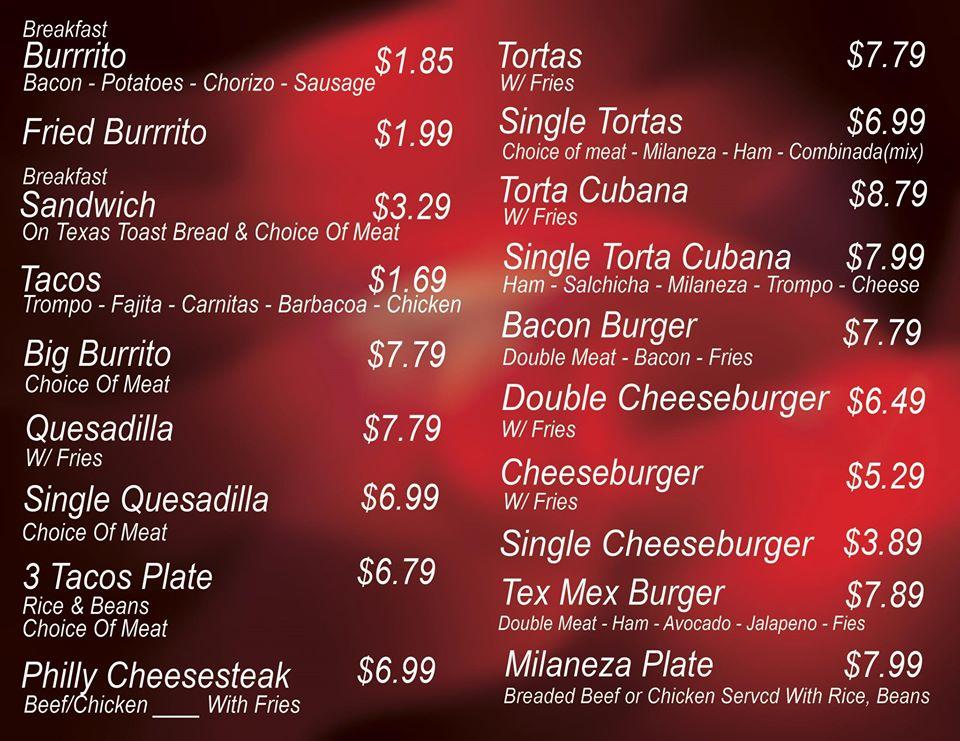 Menu at Gordos Tacos restaurant, Ferris