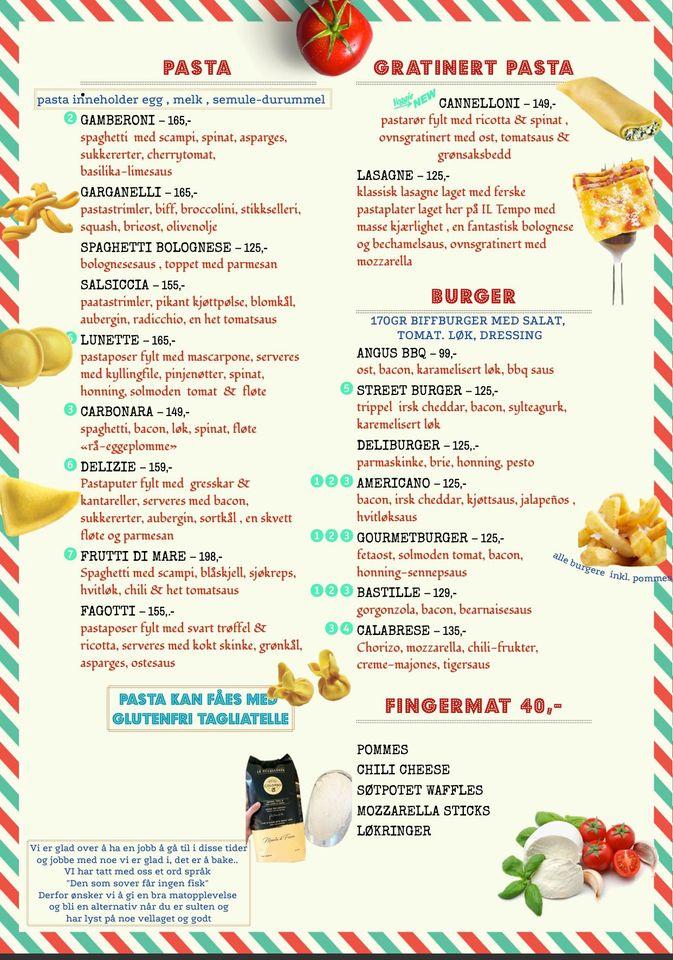 Menu at IL Tempo restaurant, Bryne