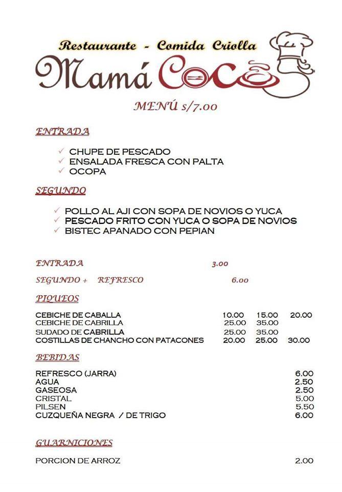 Menu at Mamá Coco restaurant, Piura