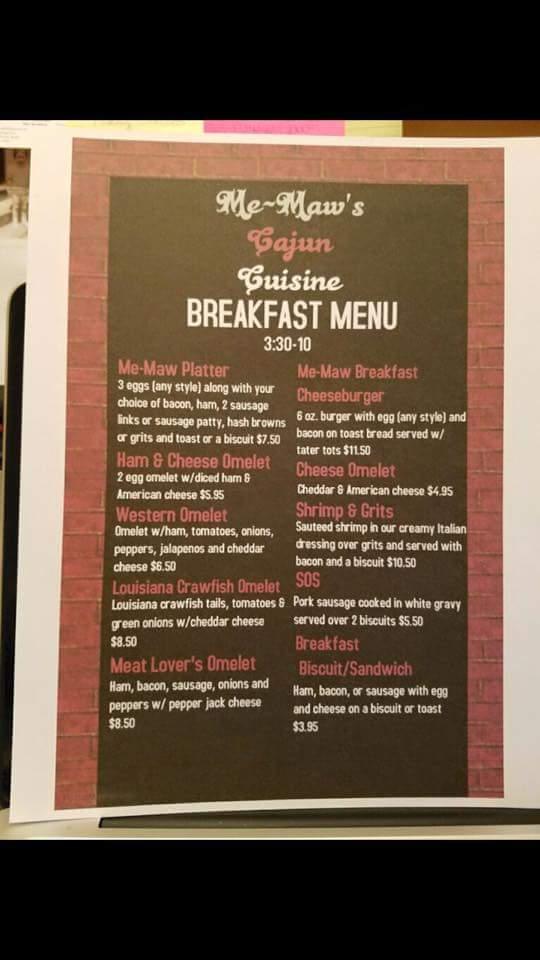Menu at Me-Maw's Cajun Cuisine BBQ, Golden Meadow