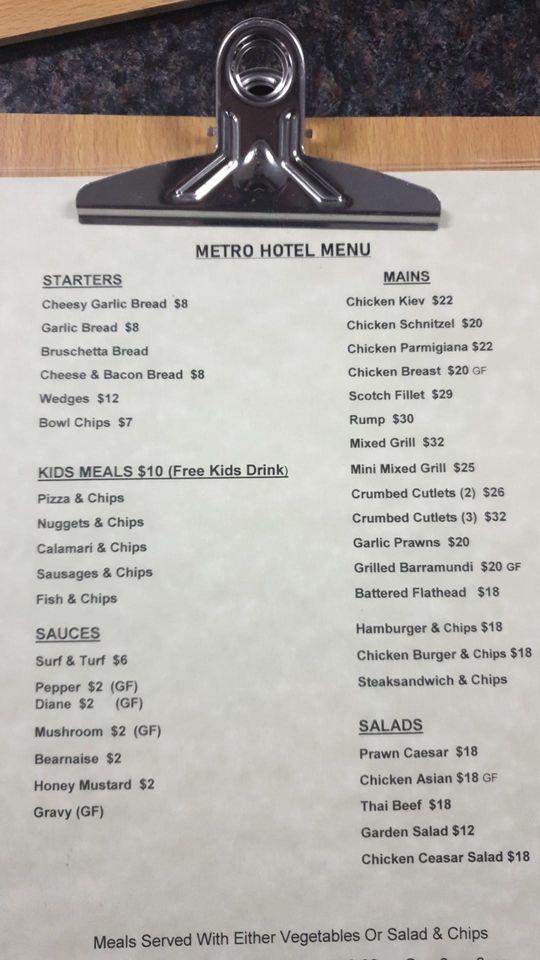 Menu at Metropolitan Hotel pub & bar, West Wyalong