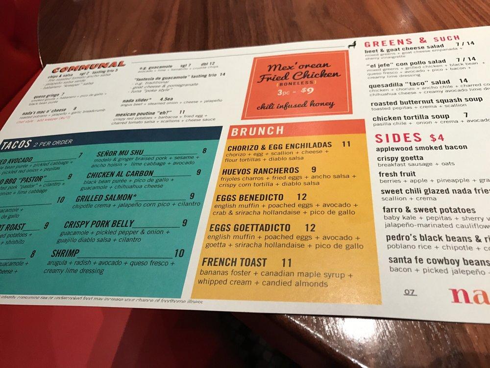 Menu at Nada pub & bar, Indianapolis