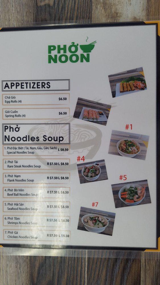 Menu at Pho Noon restaurant, San Bernardino