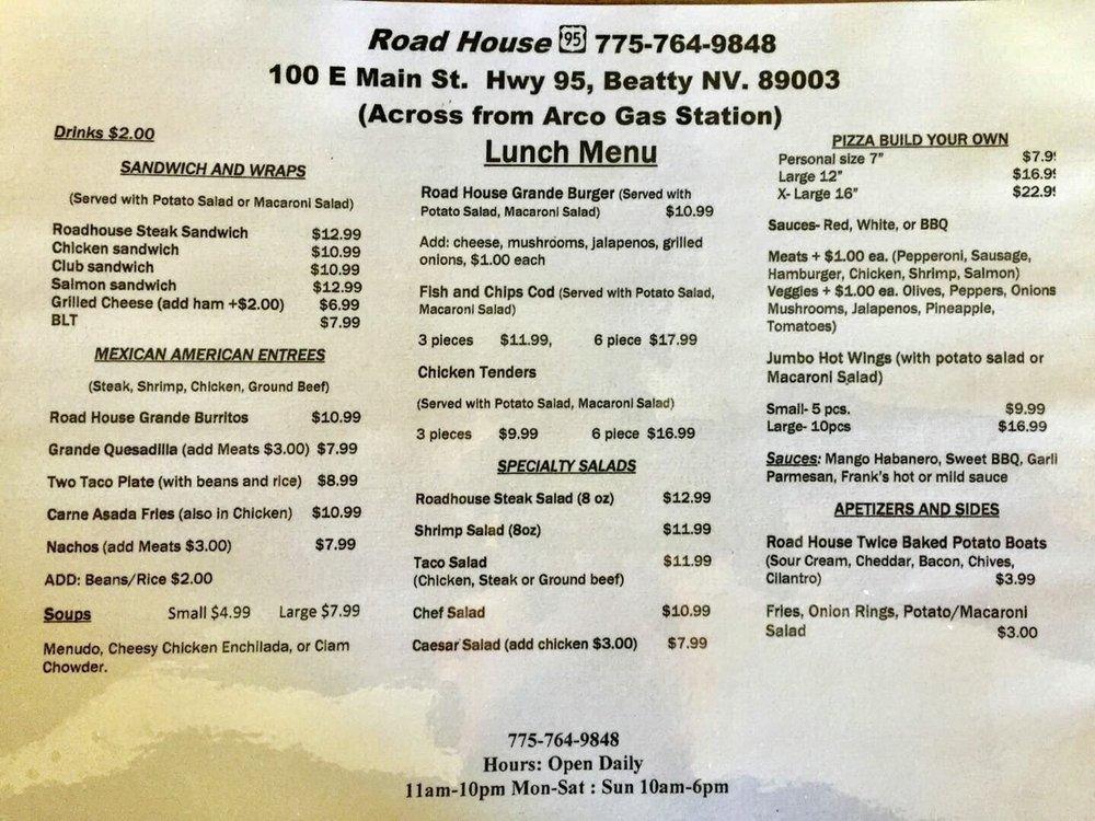 Menu at Roadhouse 95 pub & bar, Beatty