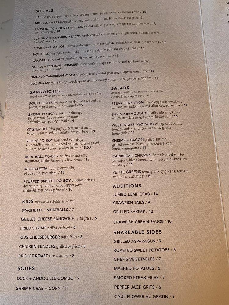 Menu at Rouj Creole restaurant, Baton Rouge