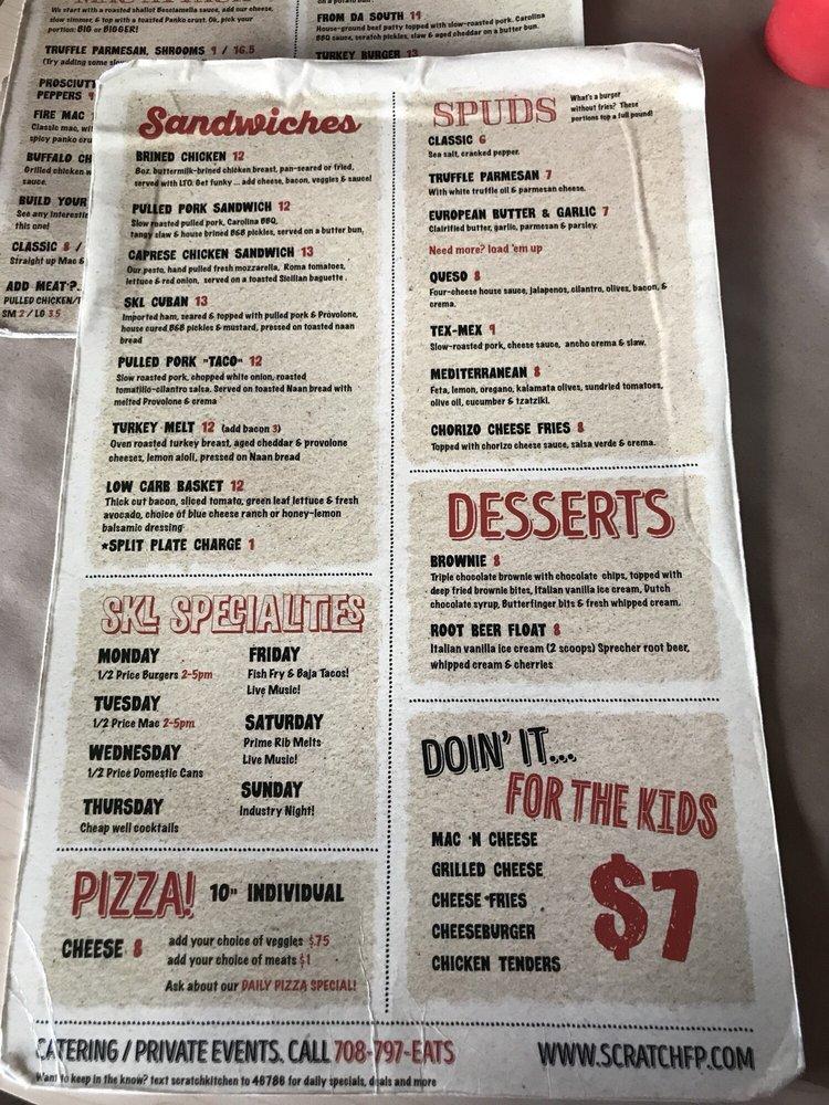 Menu at Scratch On Lake restaurant, Oak Park