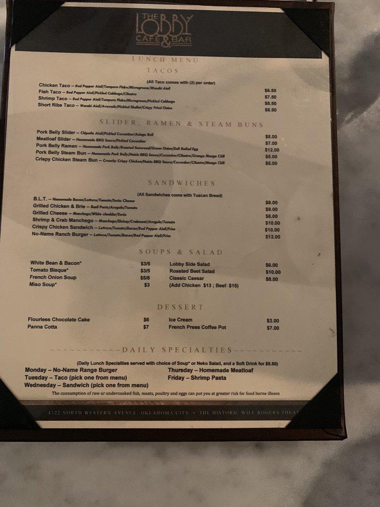 Menu at The Lobby Cafe & Bar, Oklahoma City
