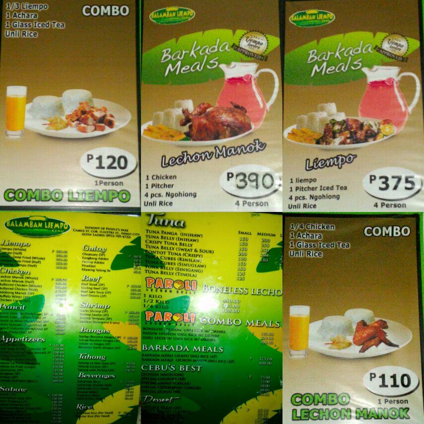 Menu at BALAMBAN LIEMPO restaurant, Davao City, J. Camus Street