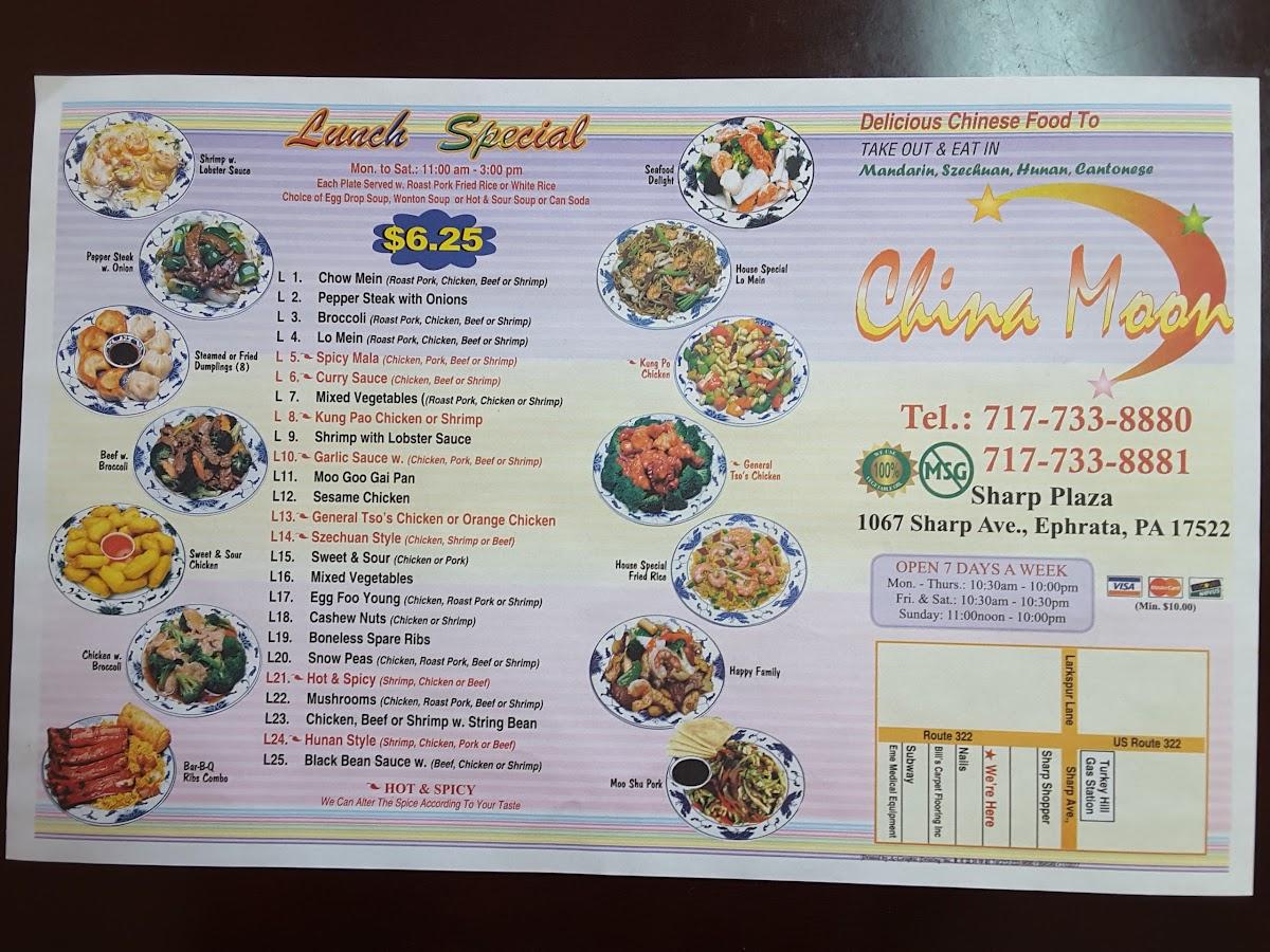 Menu at China Moon restaurant, Ephrata