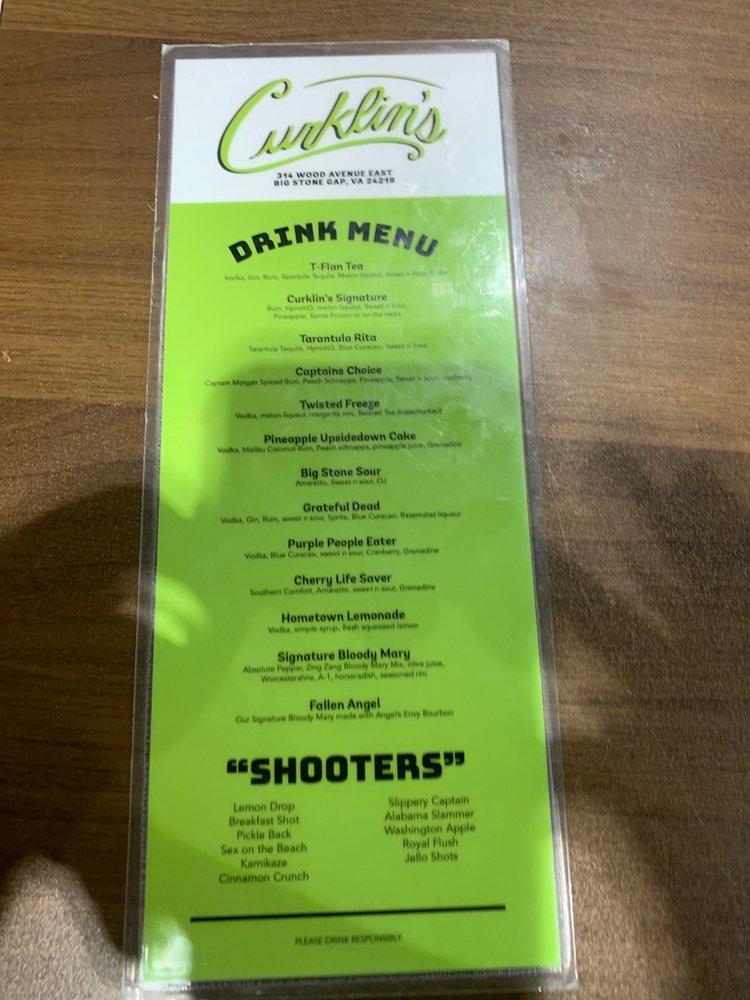 Menu at Curklin's pub & bar, Big Stone Gap