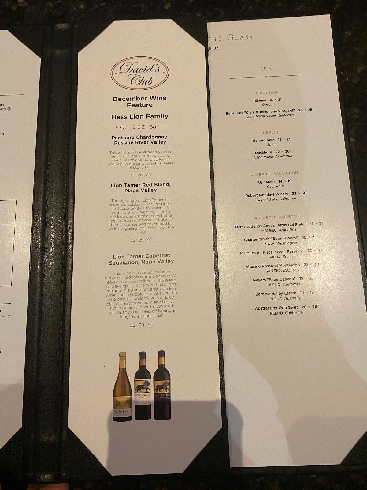 Menu at David's Club, Four Corners