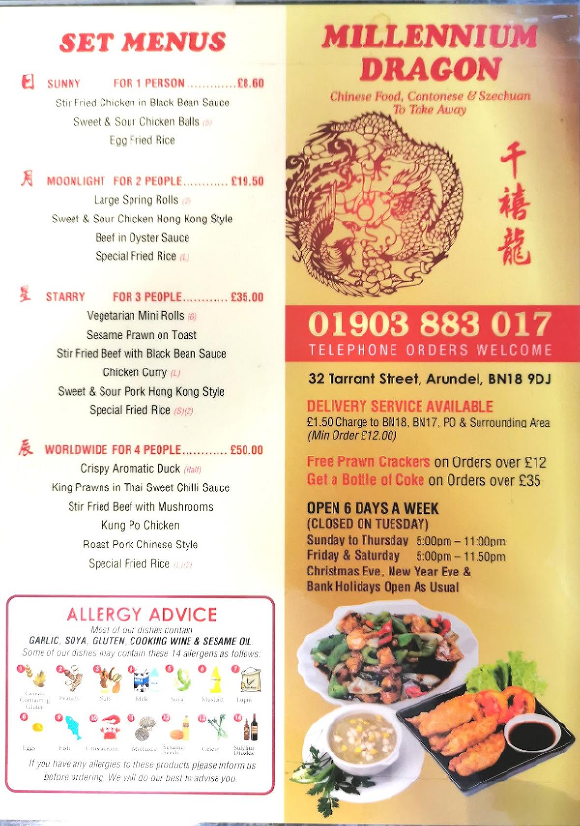 Menu at Millennium Dragon fast food, Arundel