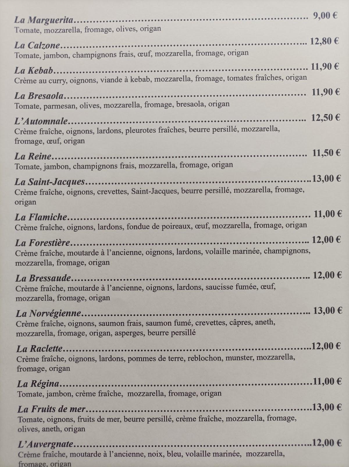 Menu au Pizza Fontana restaurant, La Bresse