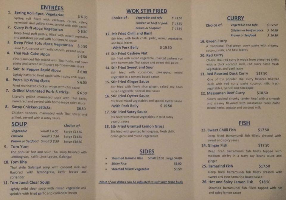 Menu at Pops Up Thai restaurant, Forrestfield