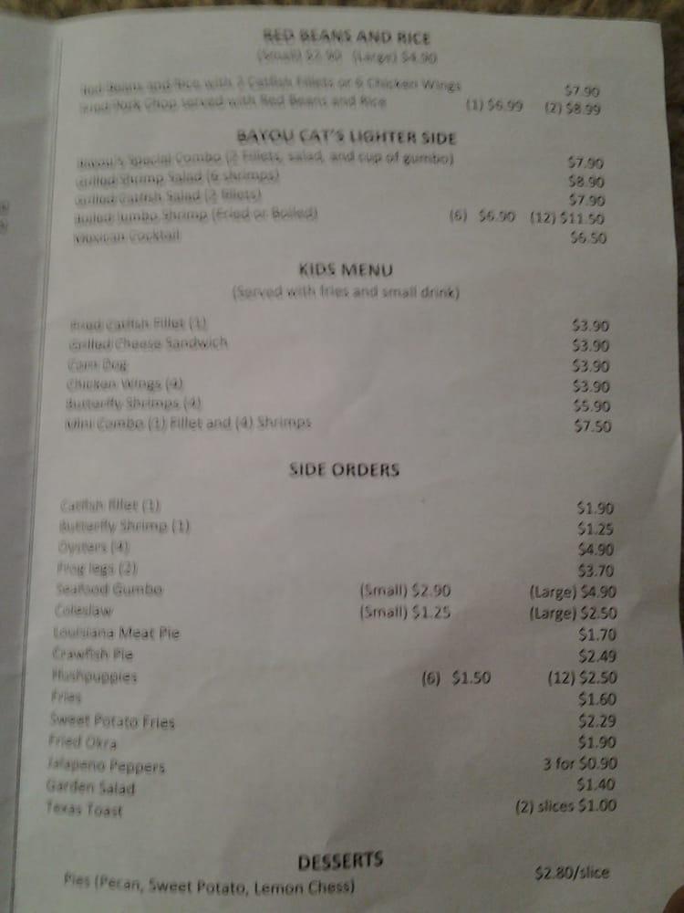 Menu at Bayou Cat restaurant, Arlington