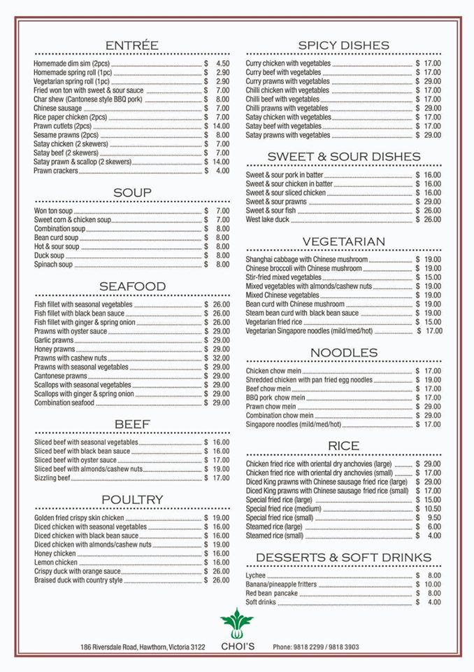 Menu at Choi's restaurant, Hawthorn